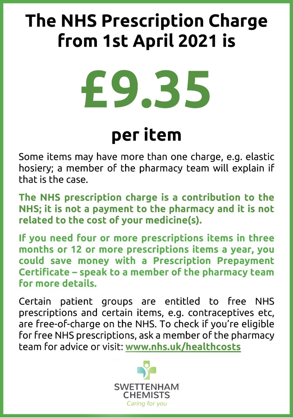 Prescription charge 2021 | Swettenham Chemists