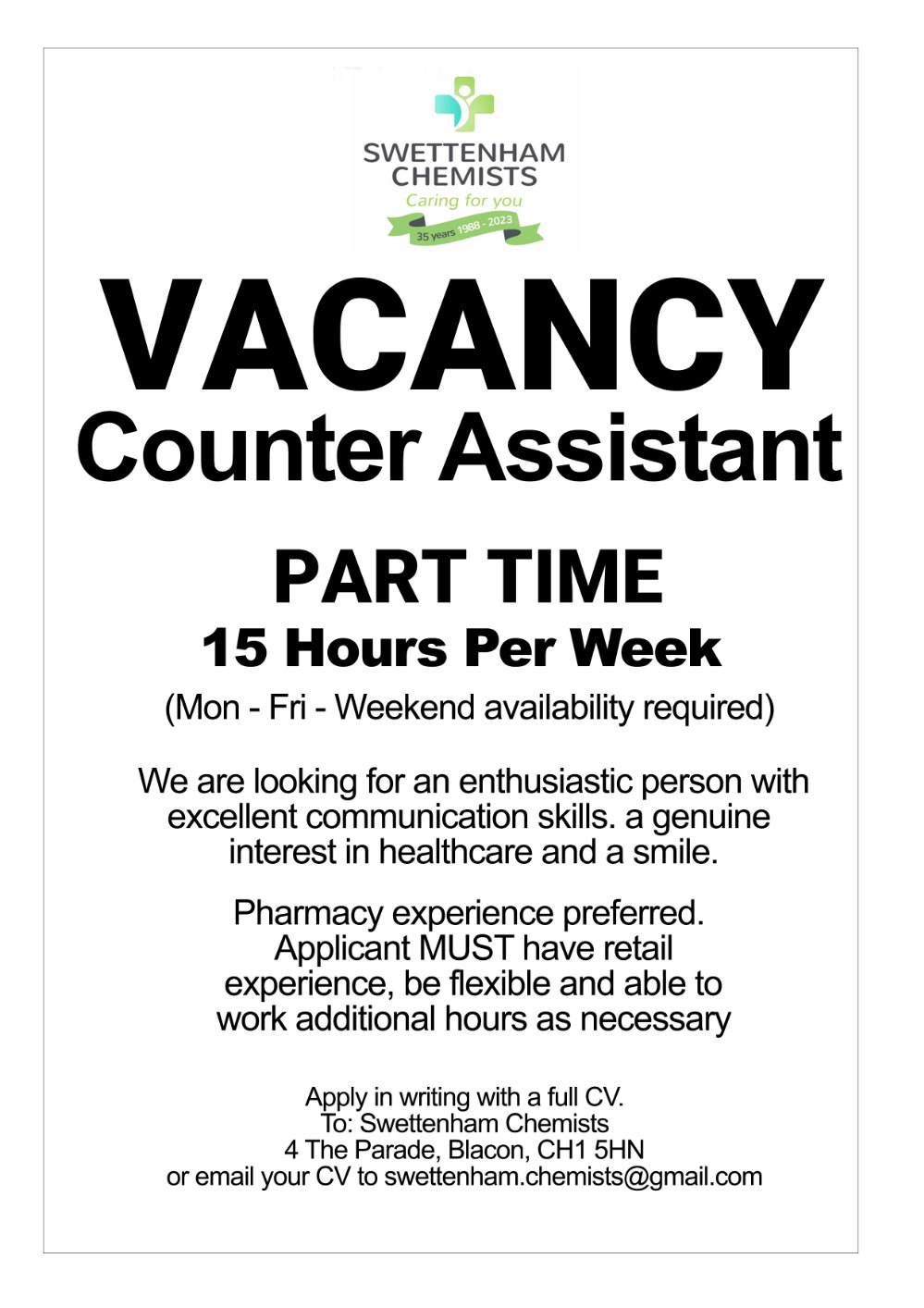Job opportunity - Counter Assistant - Blacon | Swettenham Chemists