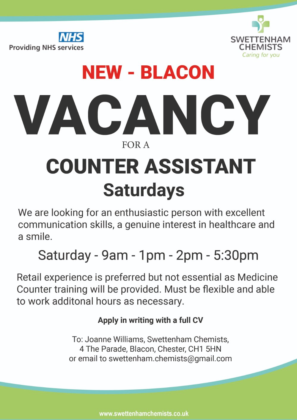 Swettenham Chemists - NEW Job opportunity - Saturdays - Blacon ...